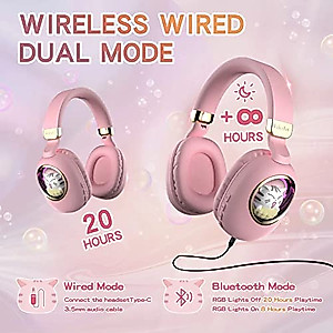 Girls Kids Headphones Wired - Pink Noise Cancelling Wireless Headphones for Kids for School - Over Ear Light Up Foldable Cat Bluetooth Gaming Headset with Microphone for iPad Kindle Tablet PC Travel