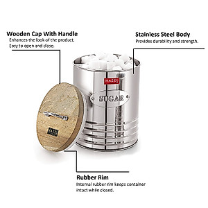 HAZEL Stainless Steel Sugar Storage Jar Container With Wood Lid, 2250 ML, Silver