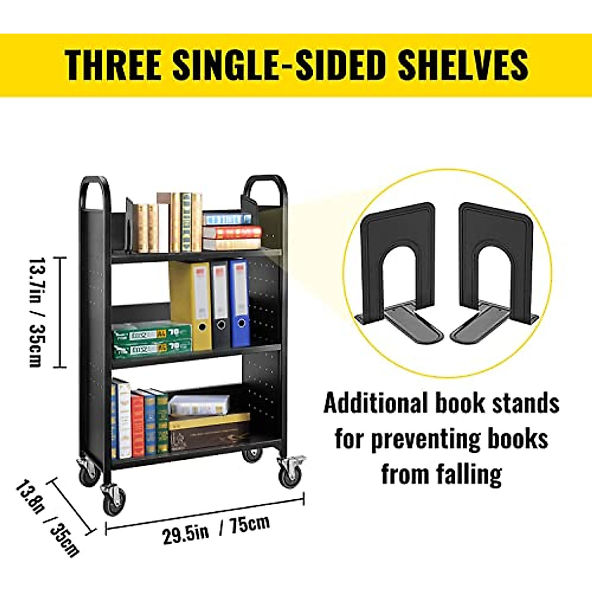 VEVOR Book Cart, 200lbs Library Cart, 30x14x49 Inch Rolling Book Cart Single Sided L-Shaped Flat Shelves with 4 Inch Lockable Wheels for Home Shelves Office and School Book Truck in Black