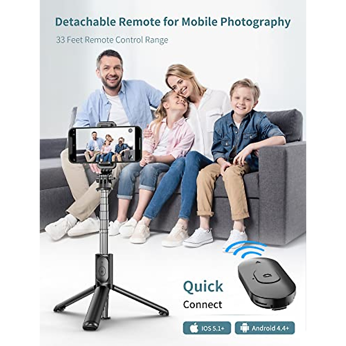 Selfie Stick Tripod with Detachable Wireless Remote, 4 in 1 Extendable Portable Selfie Stick & Phone Tripod Stand Compatible with Gopro, iPhone/Samsung/Huawei, etc.