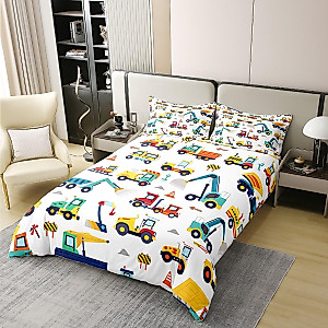 Cartoon Truck 100% Cotton Comforter Cover Queen Construction Vehicle Duvet Cover for Kids Boys Girls Transport Equipment Car Quilt Cover Bulldozer Crane Bedding Set with 2 Pillowcases