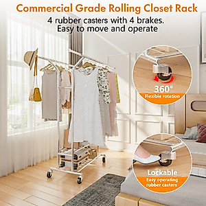 Heavy Duty Clothing Racks For Hanging Clothes, 600lbs Load Capacity Rolling Clothing Rack with Wheels, Double Rail Clothing Garment Racks, Adjustable Rack for Clothes