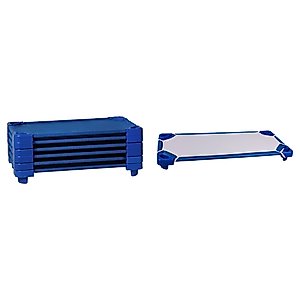 Sprogs Heavy Duty Childrens Standard 52" L Stackable Daycare Cots, SPG-021-5, Blue (Pack of 6) & Standard Kids Cot Sheet for Stackable Cots SPG-AUH1040-SO (Pack of 12), White