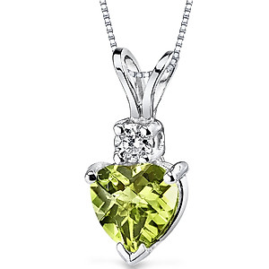 PEORA 14K White Gold Peridot and Diamond Pendant for Women, Genuine Gemstone Birthstone, Heart Shape Solitaire, 6mm, 1 Carat total