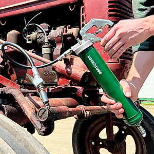 LockNLube Heavy-Duty Pistol Grip Grease Gun. Includes our patented LockNLube® Grease Coupler (Locks On, Stays On, Won't Leak!) plus a high-quality 20" hose and in-line hose swivel