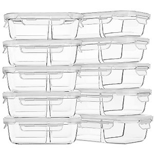 HOMBERKING 10 Pack Glass Meal Prep Containers 2 Compartment, Food Storage Containers with Lids, Airtight Lunch Bento Boxes (10 lids & 10 Containers) - White