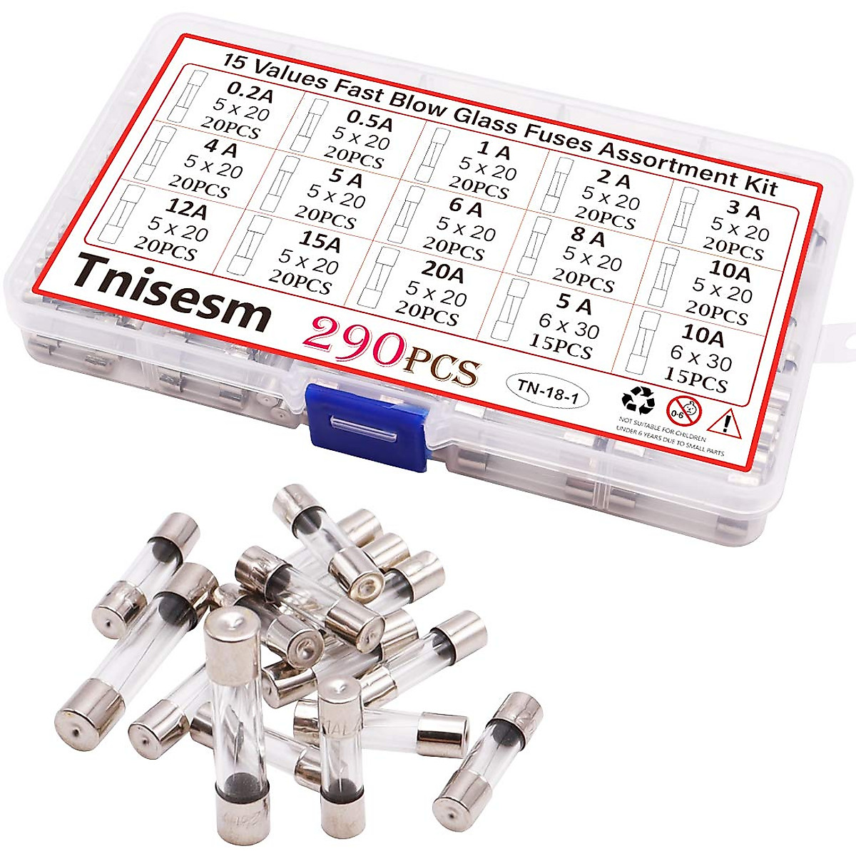Tnisesm 290 Pcs Fast Blow Glass Fuses Assortment Kit 0.2A, 0.5A, 1A, 2A, 3A, 4A, 5A, 6A, 8A, 10A, 12A, 15A, 20A 5 x 20mm, 5A, 10A, 6 x 30mm 15 Values 250V with Plastic Box Tn-18-1