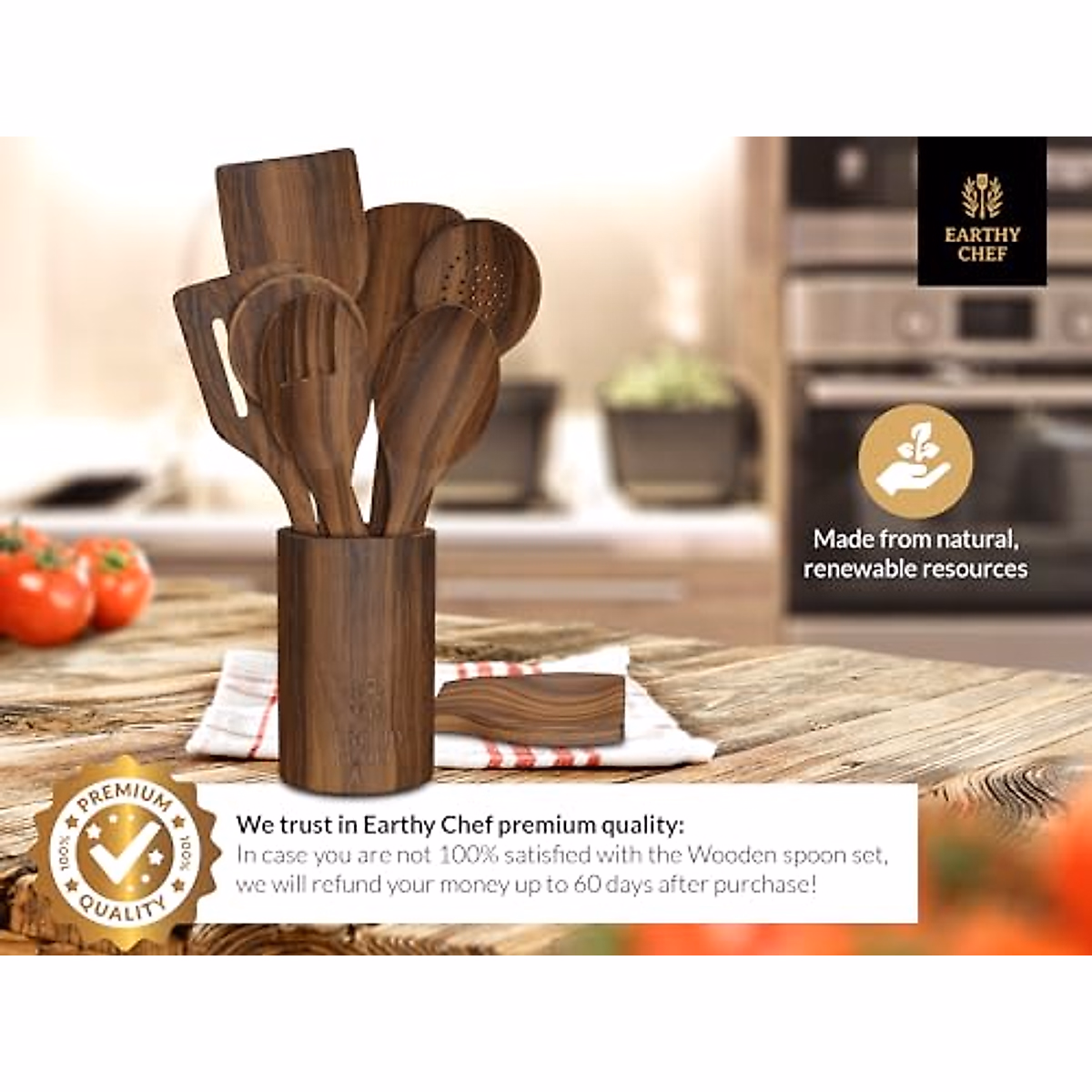 Earthy Chef wooden utensils for cooking - Premium teak kitchen utensil set - Incl. utensil holder and hanging hooks - 9-piece cooking spoon set - Non scratch & Food-grade material