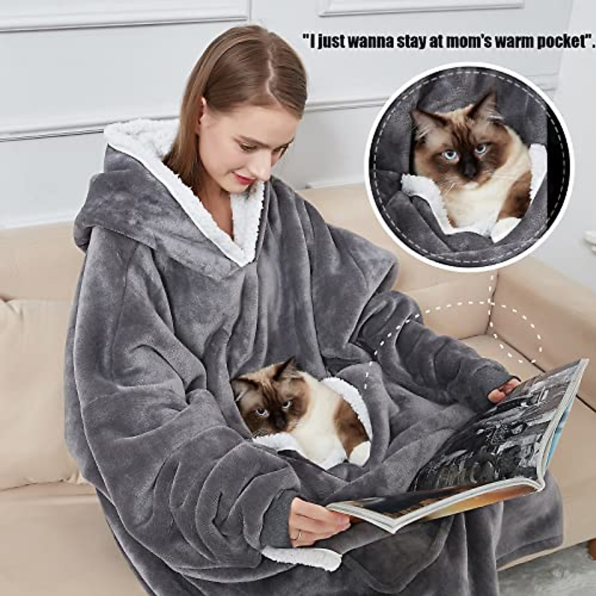Cozystar Wearable Blanket Hoodie with Giant Pocket （Pet Won't Leave） Extra Soft Sherpa Fleece Thick Warm ＆ Cozy Oversized Sweatshirt Blanket Jacket with Sleeves Gifts for Adult Men Women - Grey