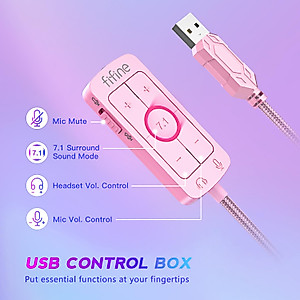 FIFINE USB Gaming Headset, PC Over-Ear Wired Streaming Headset with 3.5mm Jack, Detachable Microphone, 7.1 Surround Sound, Control Box, Passive Noise Cancellation, for PS5/Xbox/Switch-H9 Pink