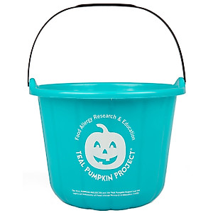 Teal Pumpkin Halloween Trick or Treat Bucket 8.5 in (1 Pack)-Official Teal Pumpkin Project Allergy-Friendly Candy Pail Accessory and Party Decoration Supplies, Haunted House Plastic Bowl w Handle