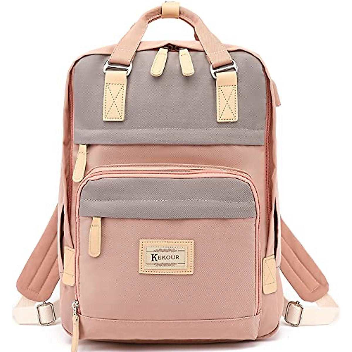 KeKour Laptop Backpack for Women,14 Inch Work Laptop Bag with USB Port Travel Computer College Casual Daypack for Weekender (Pink)