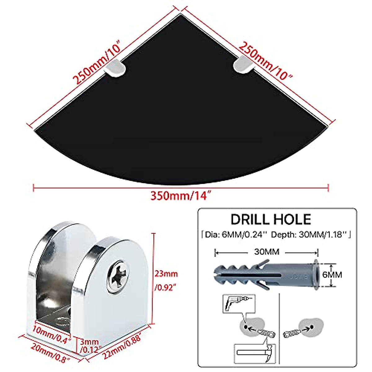 SAYAYO Glass Corner Shelf for Wall, 10 X 10 Inch Chrome Tempered Floating Glass Shelves for Bathroom 1 Pack, Black