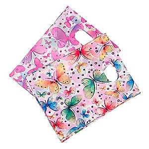 MOTZU 100 Pieces Plastic Gift Bags, Jewelry Shopping Bag with Handle, Colorful Butterfly Pattern, Birthday/Wedding/Holiday/Gift Packaging, 5.9 * 7.87 in