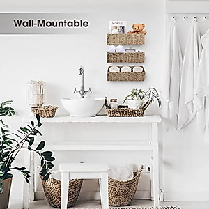 Wall Mounted Wicker Baskets, Seagrass Woven Over-The-Toilet Storage Hanging Bathroom Baskets, Towel Toilet Paper Basket with Wall Bracket (Natural Seagrass, Pack of 3)