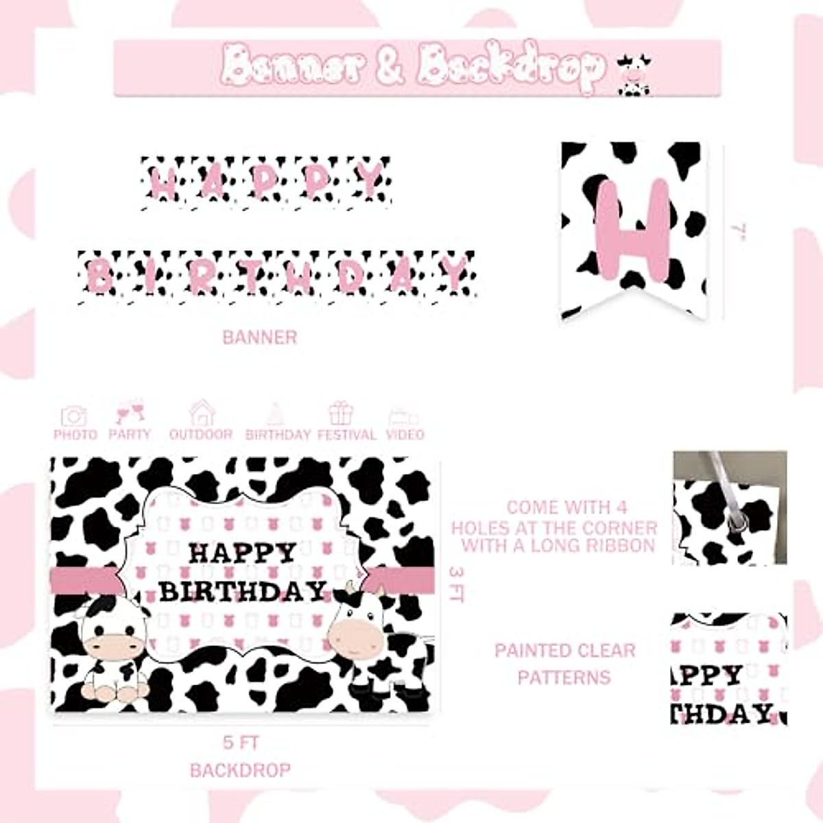 114 PCs Cow Party Decorations, Fiesec Pink Cow Birthday Party Decorations Backdrop Balloon Garland Arch Banner Cake Cupcake Topper Walking Cow Balloon Cow Print Moo Pink White Black