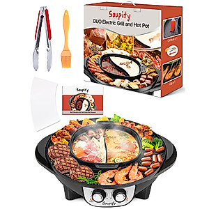 Soupify 2 in 1 Hot Pot with Grill, Electric Korean BBQ Grill, Independent Dual Temperature Control & Non-stick Pan, Multi-function Smokeless Barbecue Grill for Family and Friends Gathering