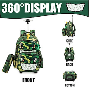 MYHSBYO Dinosaur Rolling Backpack Boys Kids Rolling Backpack with Wheels for Boys Wheeled Backpack Carry on Luggage Bookbag with Roller Set for Elementary