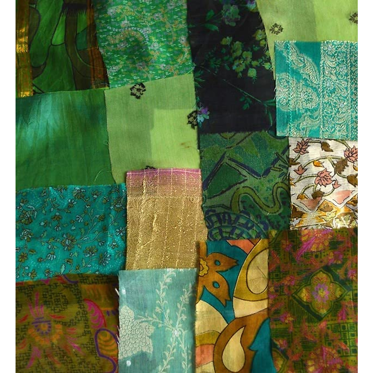 40 Qty 10"X10" Lot 100% Pure Silk Print Vintage Sari Fabric Remnants, Scrap Bundle, Precut Fabric Squares for Craft Patchwork (Green-Aqua-Teal Shades)