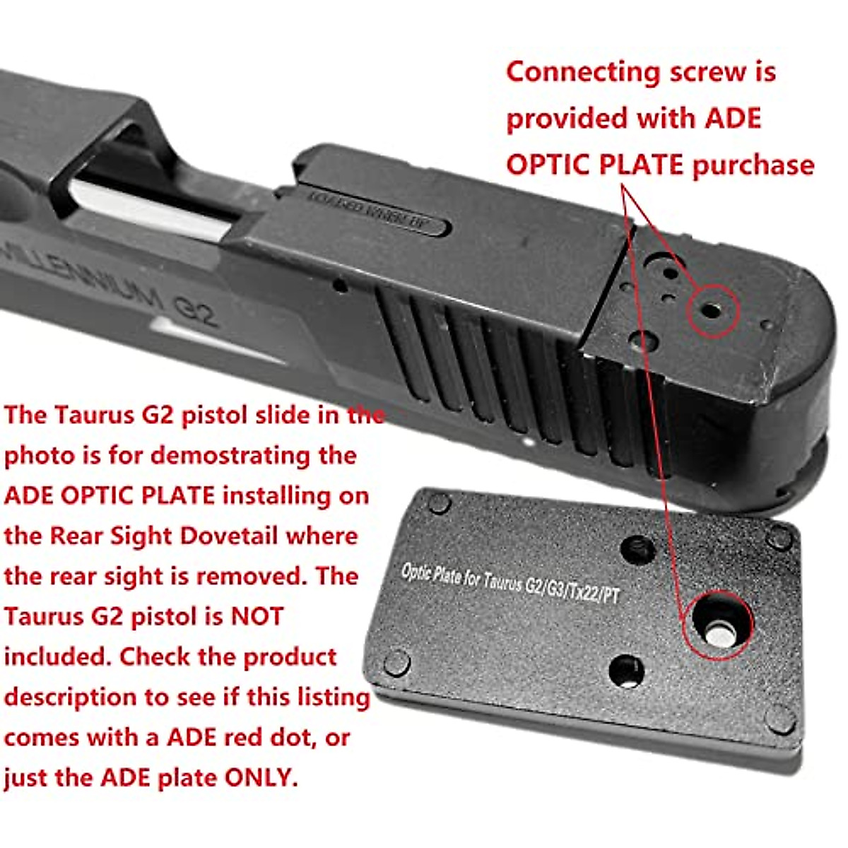 Ade Advanced Optics Crusader RD3-009 Red Dot Reflex Sight + Optic Mounting Plate for Taurus PT111 G2, Millennium G2, G2C, G3 with Original Rear Sight, PT140 G2, PT709, PT740, TX22 + Pictinny Plate