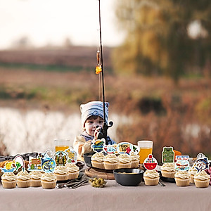 Plorbach 48 Pcs Fishing Cupcake Toppers, Upgrade Designed Fishing Birthday Party Cupcake Picks Decorations Gone Fishing Party Supplies For Men Boy fisherman Birthday Fishing Themed Party