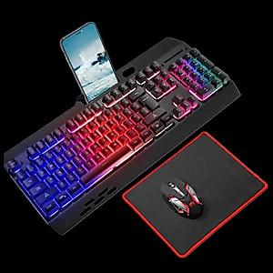 Wireless RGB Backlit Gaming Keyboard and Mouse, Rechargeable, Long Battery Life, Metal Panel Mechanical Feel Keyboard with Palm Rest, 7 Color Mouse and Mouse Pad for Game and Work