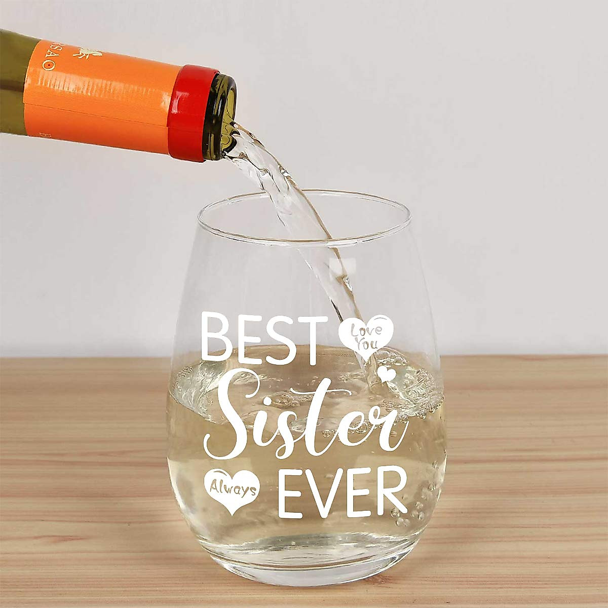 Futtumy Sister Gifts Stemless Wine Glass, Best Sister Ever Love You Always, Great Wine Glass Gifts for Sister Women Sister in Law Friend Birthday Christmas, 15 Oz