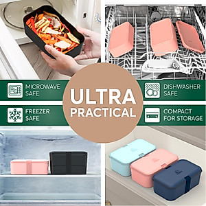 Umami Lunch Box Containers w/ 4 Utensils, 2 Sauce Jars, Nestable Space-Saving Bento Box Adult, 100% Leakproof, Microwavable Lunch Containers for Adults, Design Award Winner, Black, 30 oz