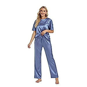 LYANER Women's Satin Silk Pajama Set Short Sleeve T-shirt with Pants Set PJ Loungewear Dark Blue X-Small