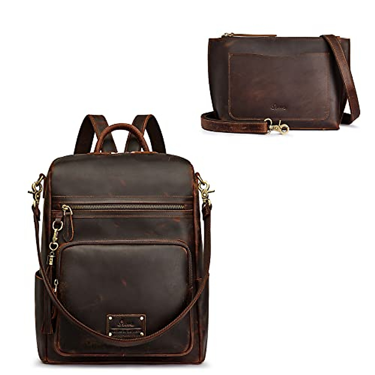 S-ZONE Genuine Leather Women Backpack Purse Daypack with Luggage Sleeve Bundle with Leather Crossbody Purse