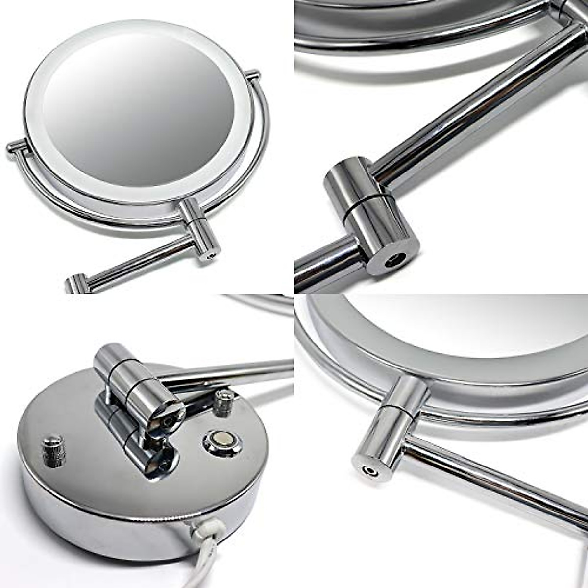 Jolitac 8.5 Inch LED Makeup Mirror Wall Mount, 10X/1X Magnification Chrome Personal Make Up Mirror Round Shaped, Double-Sided Swivel Vanity Mirror Touch Button Adjustable Light for Bathroom