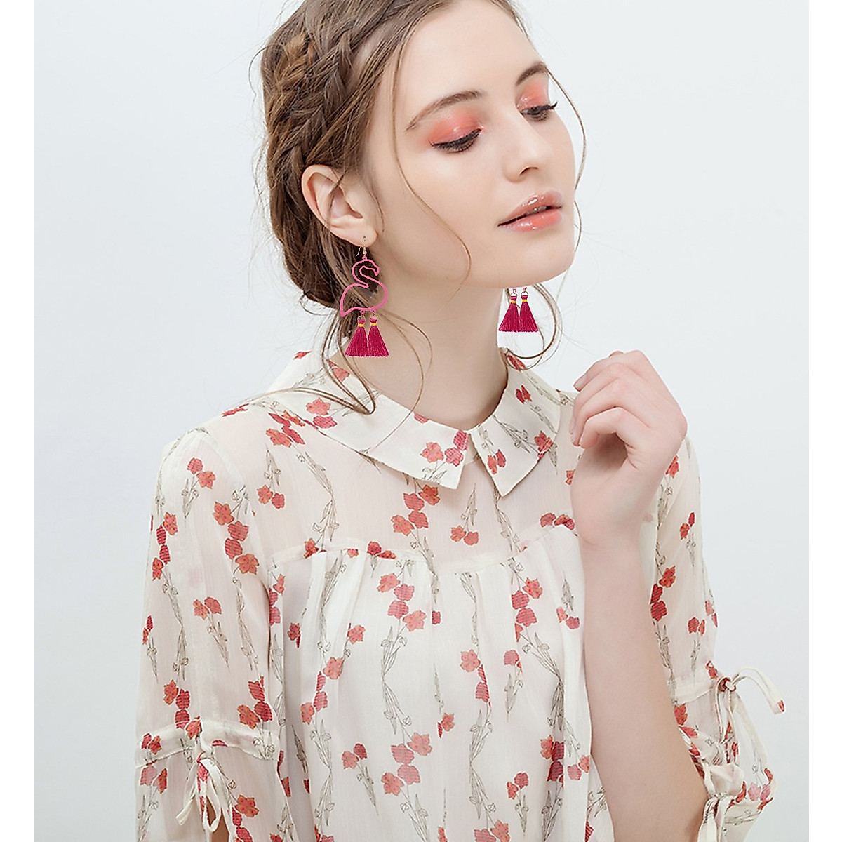 HSWE Flamingo Drop Earrings Tassel Dangle Earrings Thread Earrings Hawaiian Summer Jewelry (Rose Red)