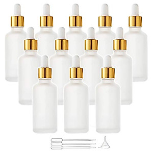 12 Pack Set Glass Dropper Bottles With Golden Caps Frosted Glass Vials Essential Oil Sample Bottles With Glass Eye Dropper Free Dropper&Funnel (50ml/1.7oz)
