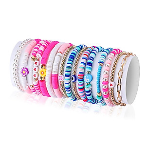 KINBOM 16pcs Preppy Bracelets, Colorful Y2K Heishi Jewelry Girls' Charm Bracelets Aesthetic Boho Beaded Stretch Bracelet Summer Beach Jewelry Stuff for Women