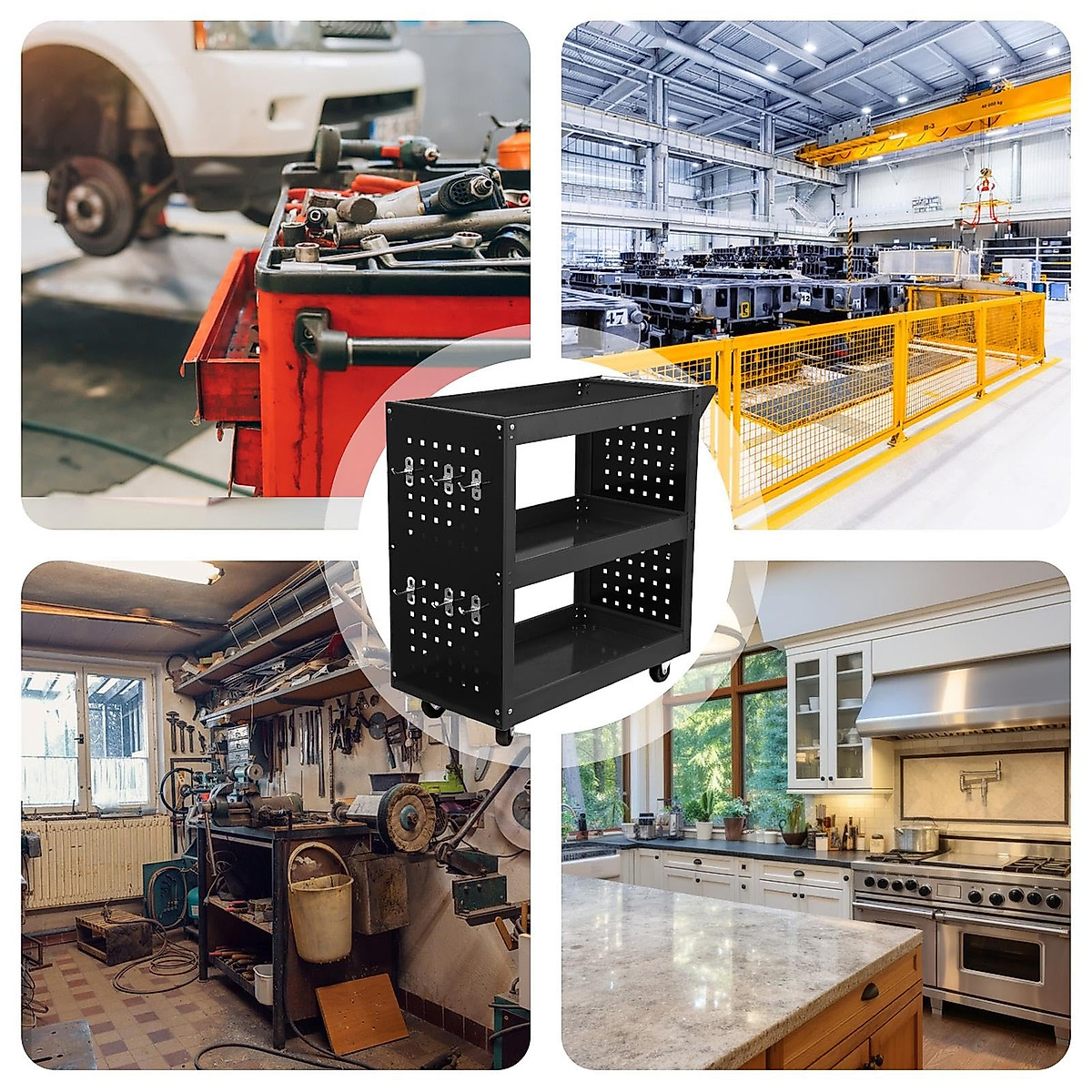 3-Tier Rolling Tool Cart | Mechanic Cart 300 Lbs Capacity | Utility Tool Cart on Wheels | Tool Stand with 4 Swivel Wheels | Heavy Duty Tool Storage Cart for Garage Warehouse Workshop (Black)