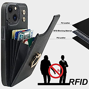 Folosu Compatible with iPhone 14 Case Wallet with Card Holder, 360°Rotation Finger Ring Holder Kickstand, RFID Blocking Leather Protective Double Buttons Shockproof Cover 6.1 Inch Black