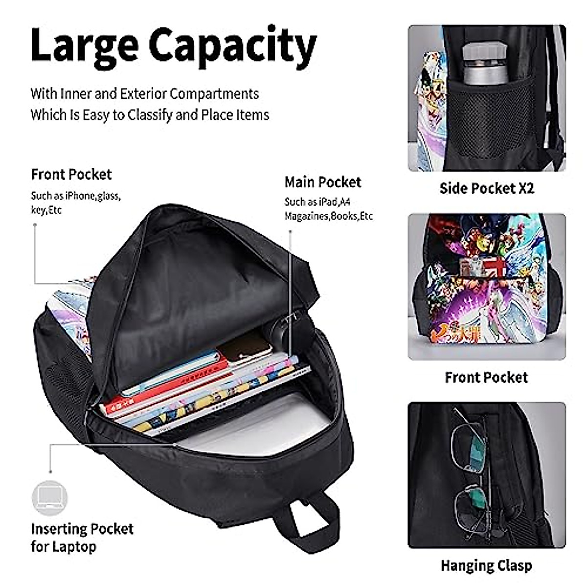 ORPJXIO Backpack 3 Piece Set The Seven Anime Deadly Sins Laptop Backpack Pencil Case Lunch Bag Combination For Travel Work Camping
