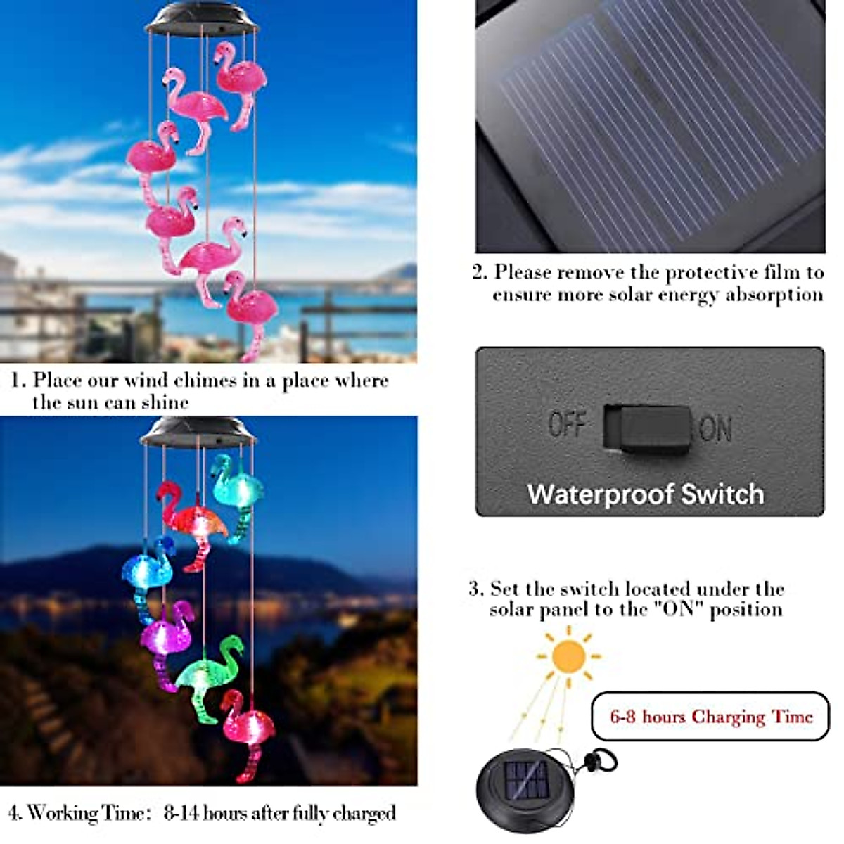 WANQDG Flamingo Solar Wind Chimes for Outside, Waterproof LED Solar Powered Memorial with Lights, Housewarming Gifts for Garden Outdoor Patio Yard Lawn Decor