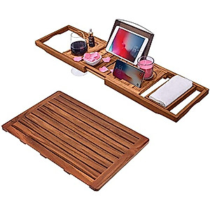 Teak Shower Mat with Bathtub Caddy Tray Set,Portable Spa Bath Mat and Bath Tray for Tub, Waterproof, Perfect for Bathroom
