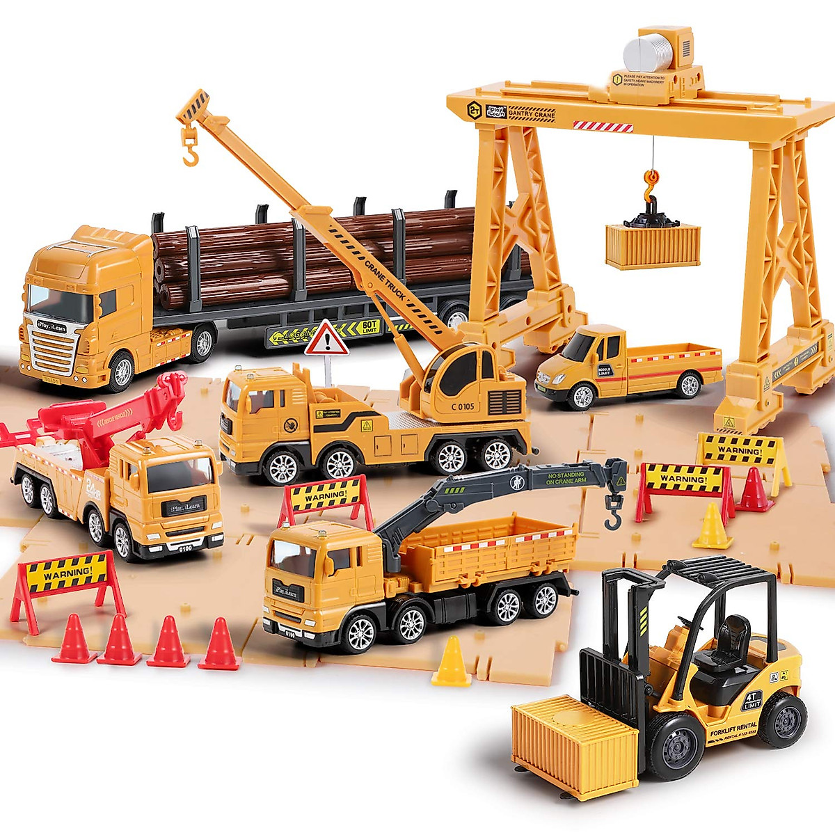 iPlay, iLearn Construction Truck Toy Set, Cargo Transport Vehicles Site Playset, Gantry Crane, Trailer, Logging, Pickup Tow Trucks, Forklift, Birthday Gift for 3 4 5 Year Olds Boys Kid Toddler Child