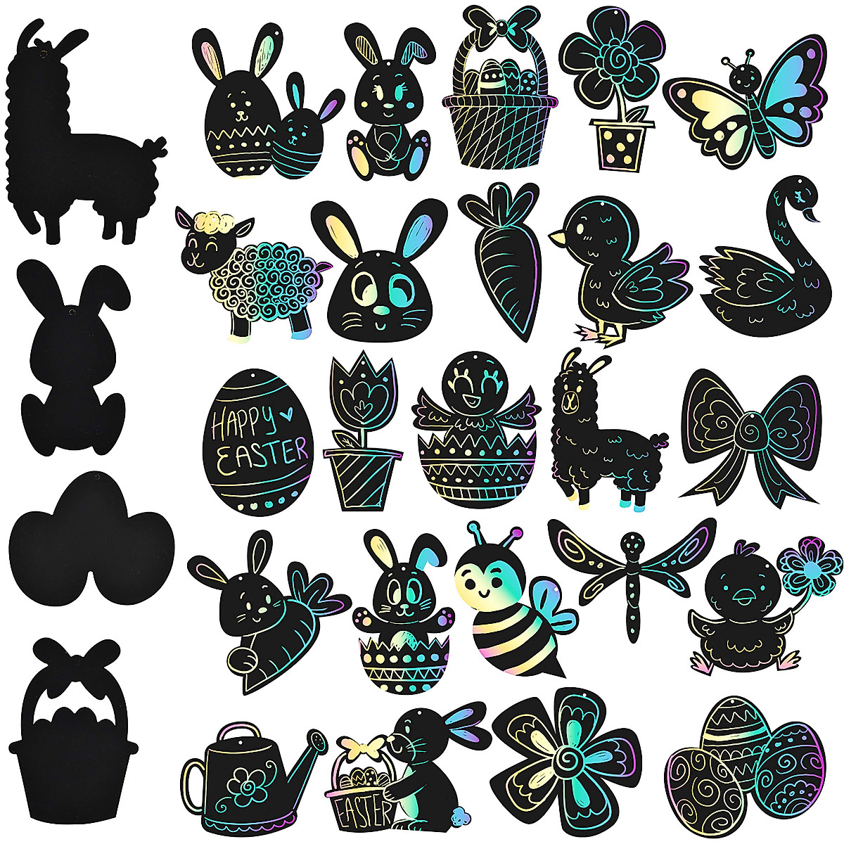 JOYIN 36 PCs Easter Rainbow Scratch Cards Craft Art Set for Kids Including Scratch Card 24 Pendants, 6 Bracelets, 6 Bunny Masks, Kids Easter Craft Kit