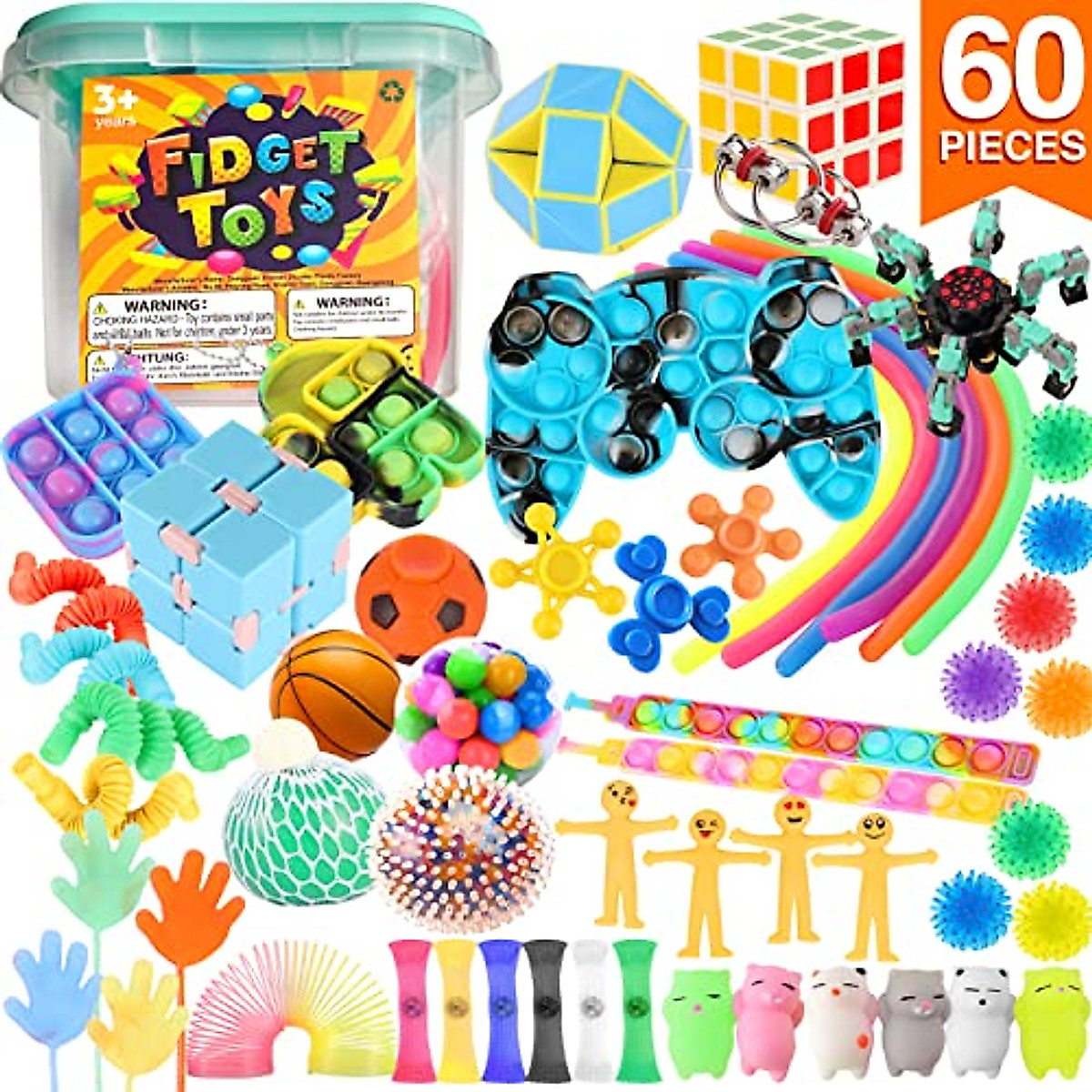 Fidget Sensory Toy Pack with Stress Balls for Kids, Teens and Adults, 60 Pack Figit Toys for Therapy Office Decor and Calm Corner Classroom, Fun Fidgeting Game for ADHD, Autism, Stress and Anxiety