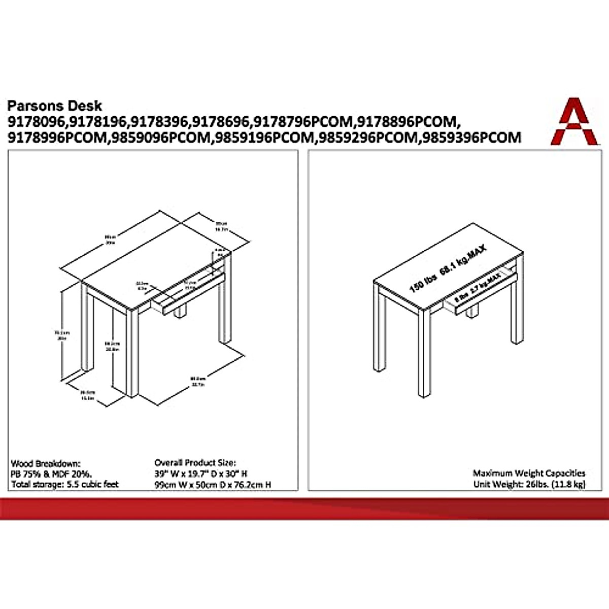 Ameriwood Home Parsons Desk with Drawer, Black , 19.7D x 39W x 30H in