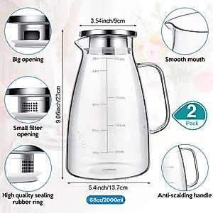 2 Pcs Glass Pitcher Water Pitcher Fridge with Lid and Handle Carafes and Pitchers Iced Tea Pitcher Hot Cold Water Heat Resistant Borosilicate Glass Jug for Water Juice Iced Tea (Simple Style,68 oz)
