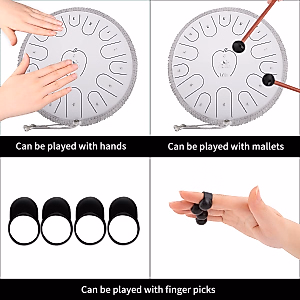 Steel Tongue Drum 15 Notes 14 Inches Percussion Instrument Handpan Drum,Tongue Drum for Adults and Teens with Bag, Music Book, Mallets, Finger Picks (white)