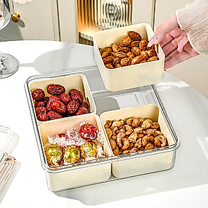 Beige Silver Square Plastic Divided Serving Tray with Lid, 4 Compartments Snack Tray Serving Platter for Biscuits, Fruit, Veggie, Candies and Hot Pot