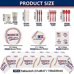 Baseball 1st Birthday Party Supplies, Includes Rookie of The Year Banner, Backdrop, Tablecloth, Balloons, Plates, Napkins, Cups and Straws for Boys Baby First Baseball Party Decor, Serves 20 Guests