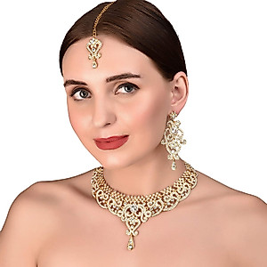 Touchstone Indian jewelry set for women bollywood gold jewellery wedding outfits necklace sets earrings bridal maang tikka fancy costume girls ethnic big desi accessories rhinestone in gold tone