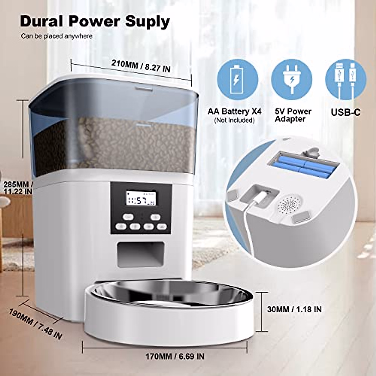 Tomxcute Automatic Cat Feeders,Cat Dry Food Dispenser for Cat Small Dog,4L Timed Dog Feeder with Desiccant Bag for Pet Feeder,Programmable Portion Size Control 6 Meals Per Day, 10s Voice Recorder