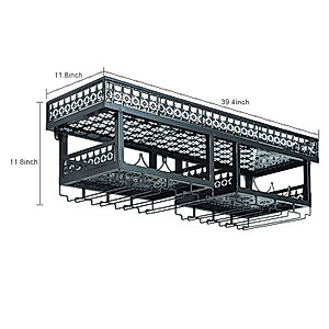 TFCFL Industrial Wall-Mounted Wine Rack,Wine Glasses Holder, Double Layer Wall Storage Shelves, Multi-Function Display Shelf for Bar Kitchen Restaurant (Wrought Iron)